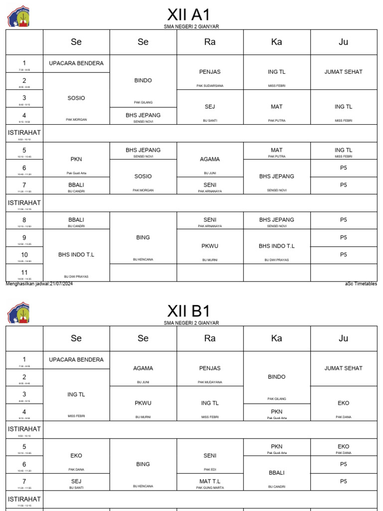 2024-2025_JADWAL PELAJARAN SETIAP KELAS SADU | PDF