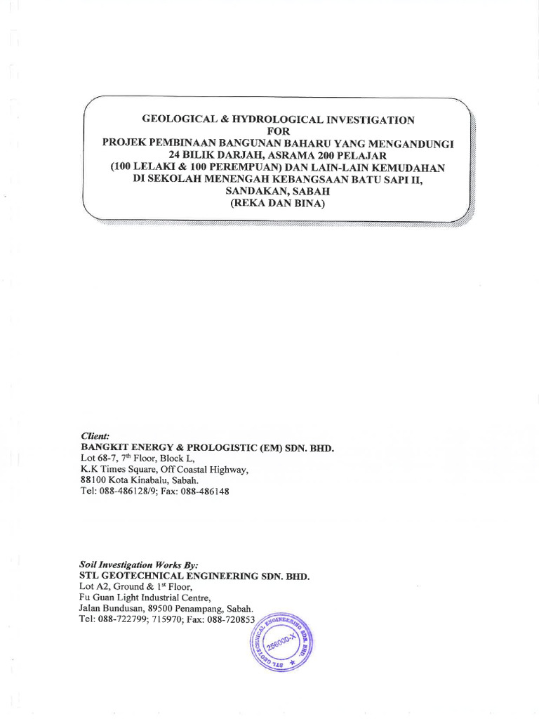 Geotechnical & Hydrological Report SMK Batu Sapi II | PDF