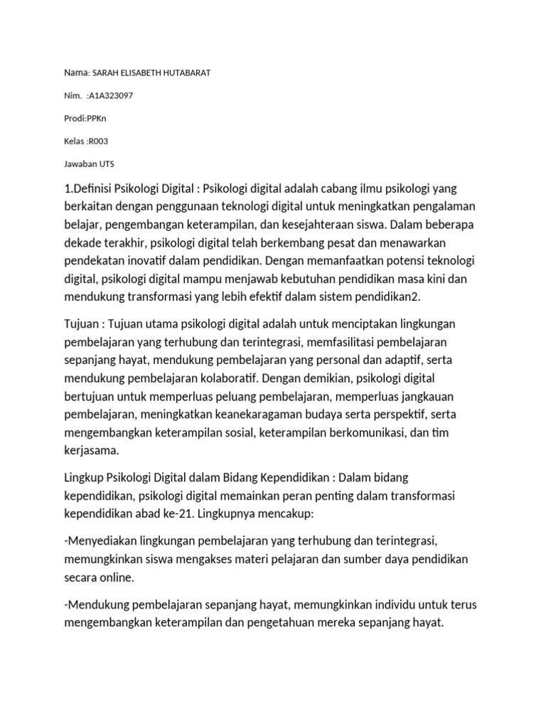 Tugas Uts Sarah Elisabeth Psikologi | PDF