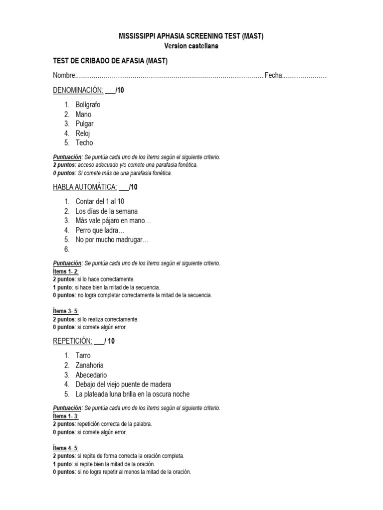Mississippi Aphasia Screening Test Mast | PDF