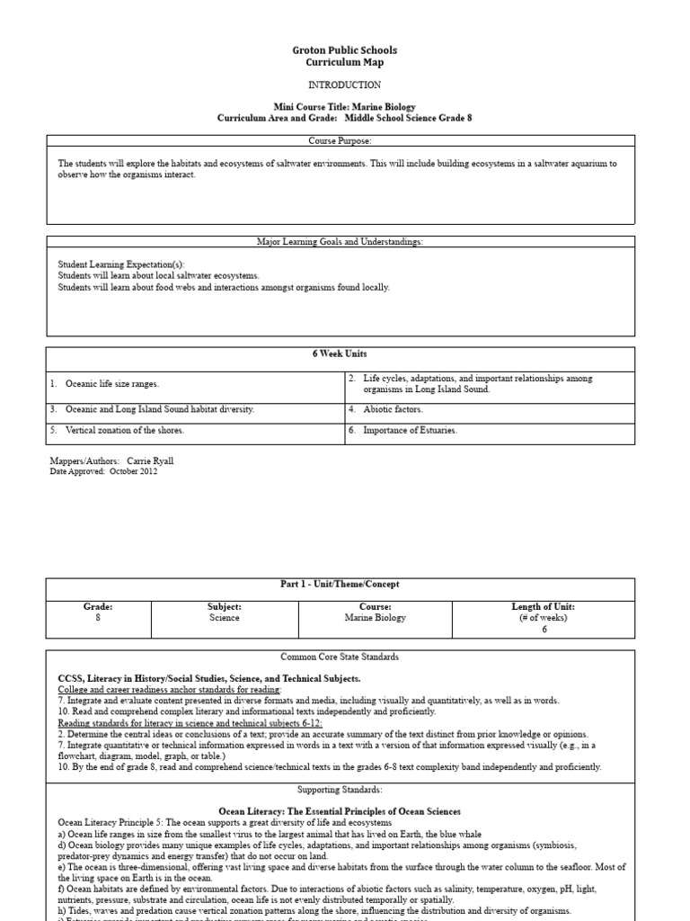 Marine Biology Curriculum for Grade 8 | PDF | Oceans | Ecosystem