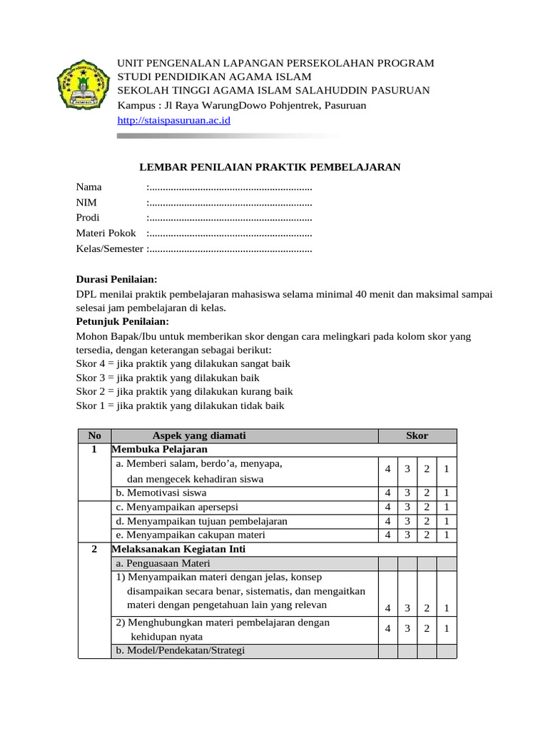 Lembar Penilaian PLP | PDF