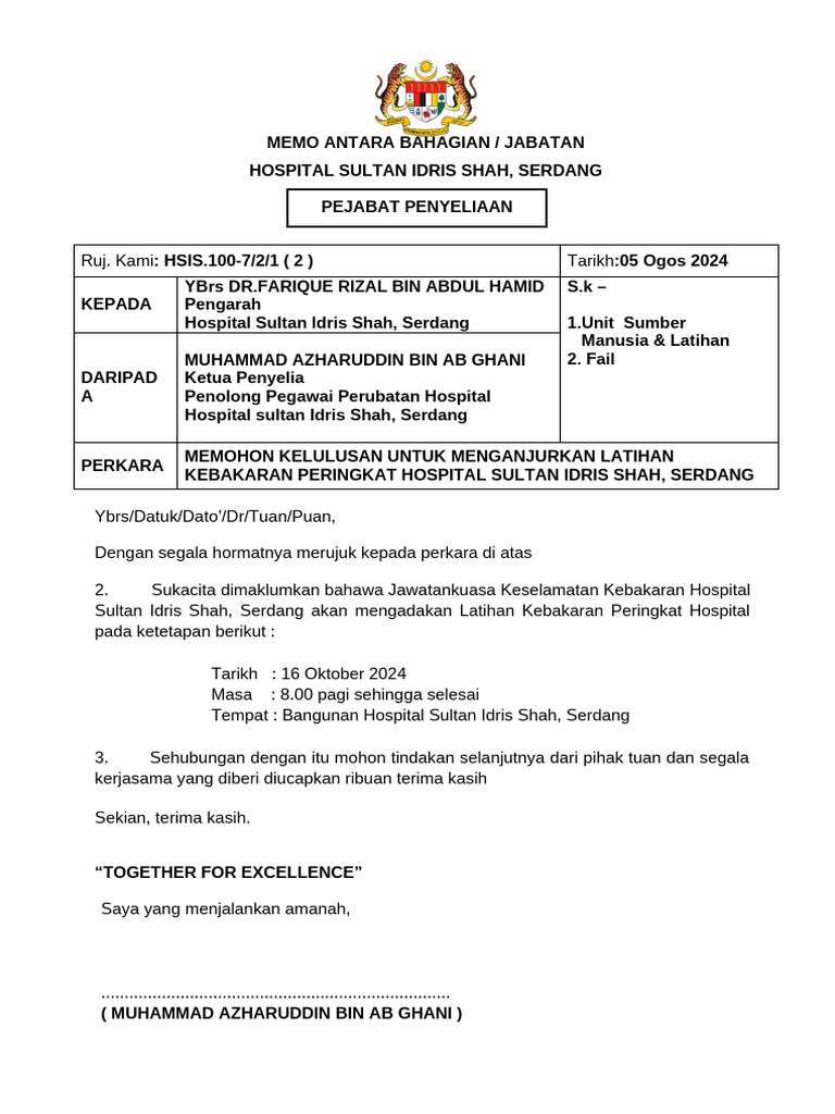 Memo Mohon Kelulusan Untuk Menganjurkan Fire Drill | PDF