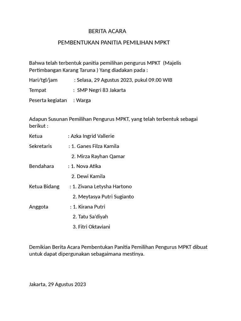 Berita Acara Pembentukan Panitia Pemilihan MPKT | PDF