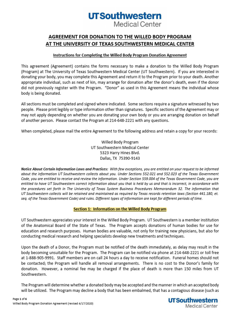 UTSW Agreement For Donation Forms 2 | PDF | Legal Guardian | Law