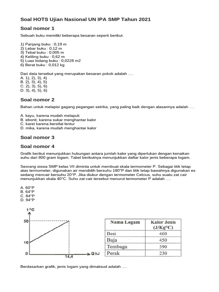 Soal HOTS Ujian Nasional UN IPA SMP Tahun 2021 | PDF