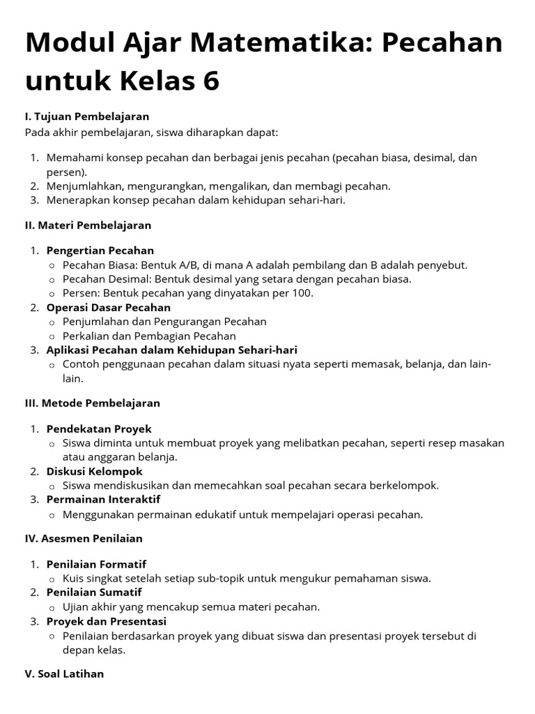 Modul Ajar Matematika Pecahan Untuk Kelas 6 Pdf
