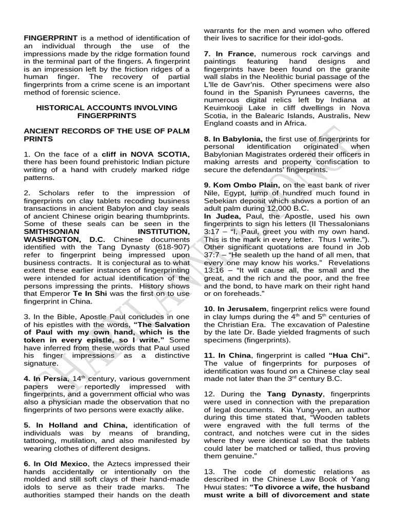 FORENSIC 102 PERSONAL IDENTIFICATION TECHNIQUES HAND-OUTS | PDF