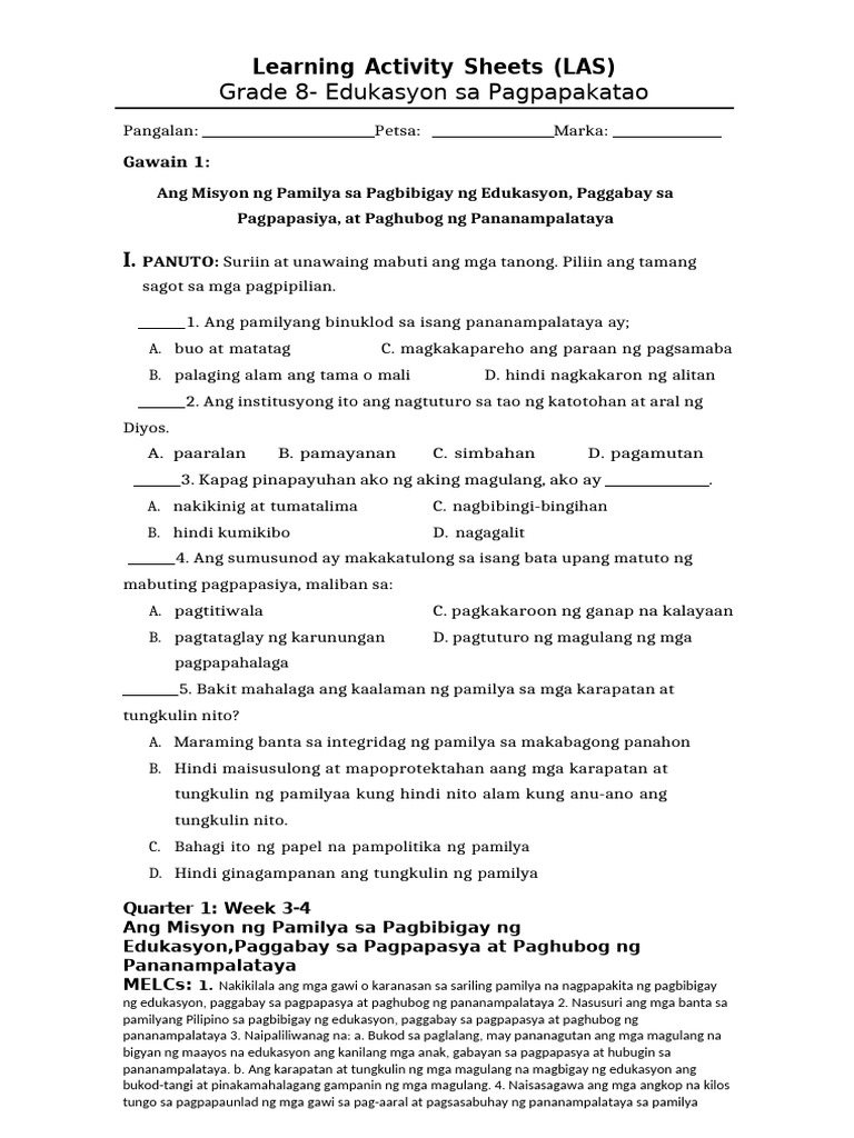 EsP 8 Q1 - LAS 3-4 | PDF
