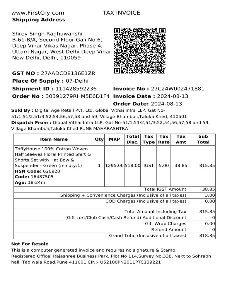 Invoice for Baby Clothing Purchase | PDF