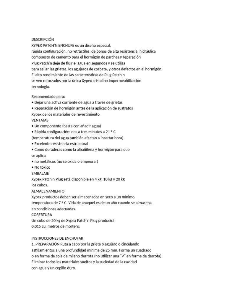 Descripción Xypex Patch'n Plug | PDF