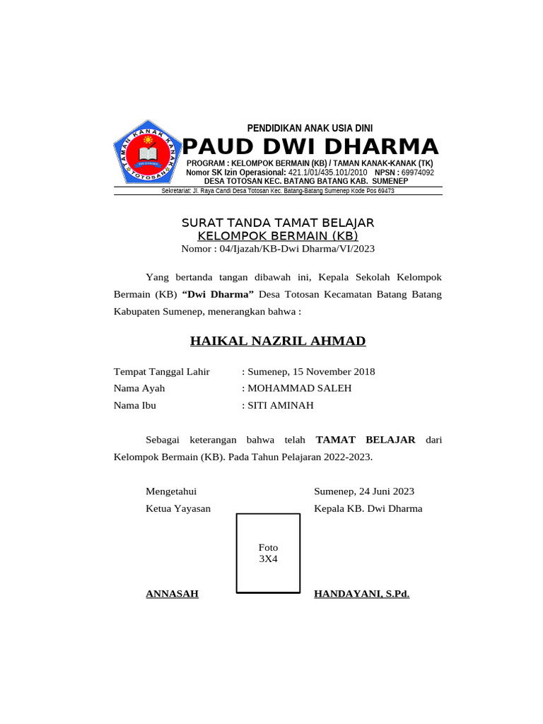 Ijazah Dwi Dharma Paud | PDF