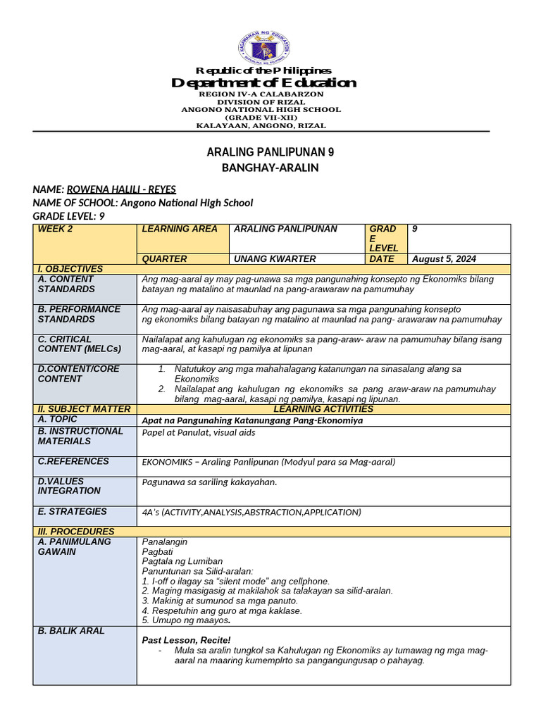 2023-2024-DLL-AP9-Quarter 1 - MELC 1 Part 2 | PDF | Learning | Career ...