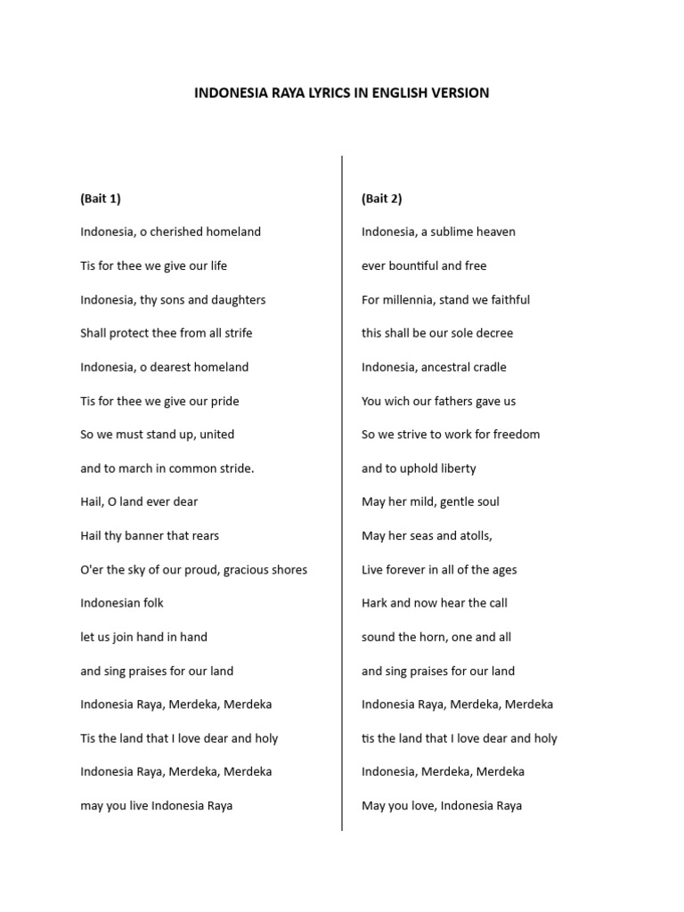 INDONESIA RAYA LYRICS IN ENGLISH VERSION | PDF