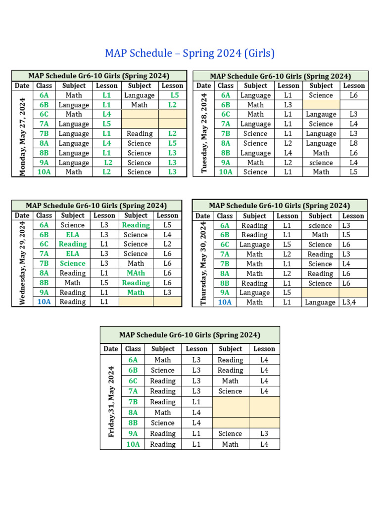 MAP Schedule - Spring 2024 (Girls) | PDF
