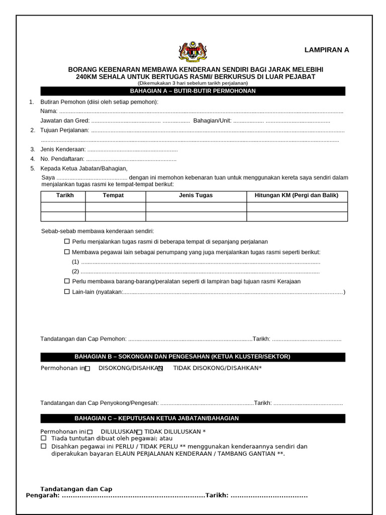 BORANG KEBENARAN Untuk MEMBAWA KENDERAAN SENDIRI BAGI JARAK MELEBIHI ...