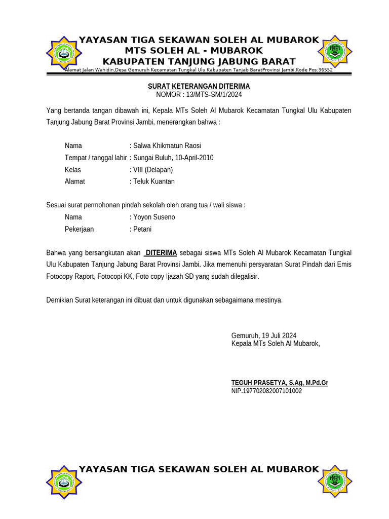 Surat Keterangan Diterima | PDF