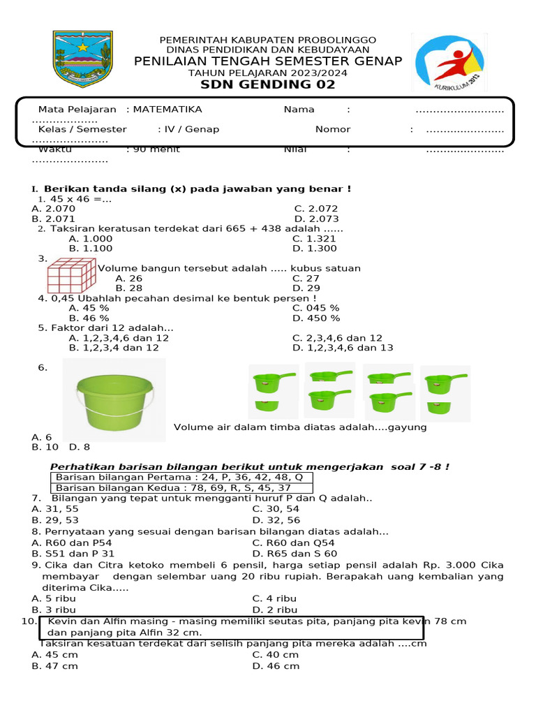 PTS Matek 4 Genap 2023 | PDF