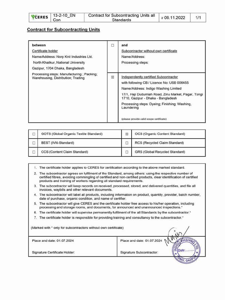 13-2-10-En - Contract For Subcontracting Units All Standards - Indigo Washing LTD | PDF