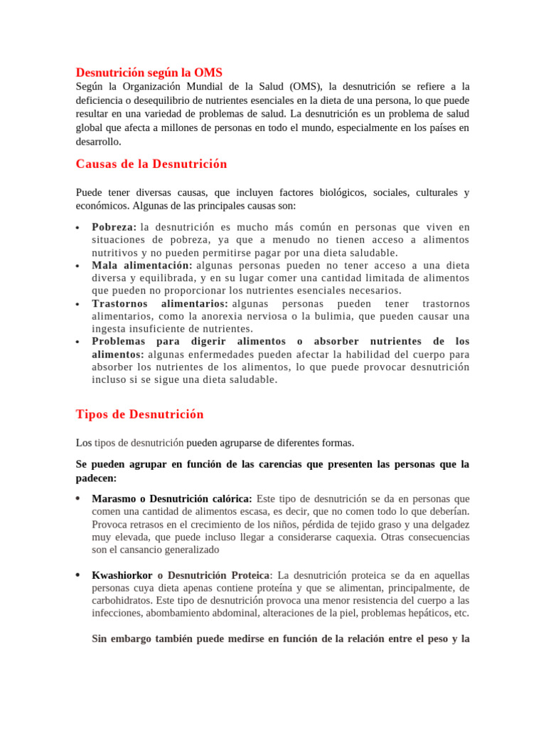 Desnutrición Según La OMS | PDF