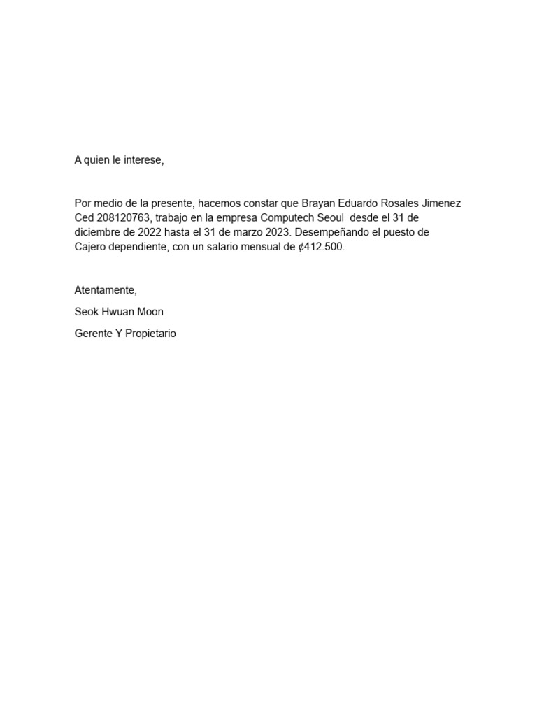 Carta de Tiempo Laborado | PDF