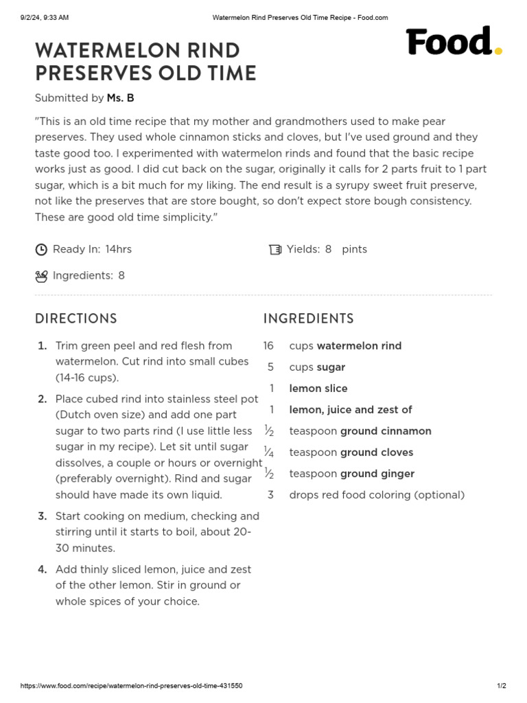 Watermelon Rind Preserves Old Time Recipe | PDF