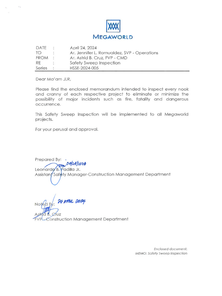 Memo - Safety Sweep Inspetion | PDF