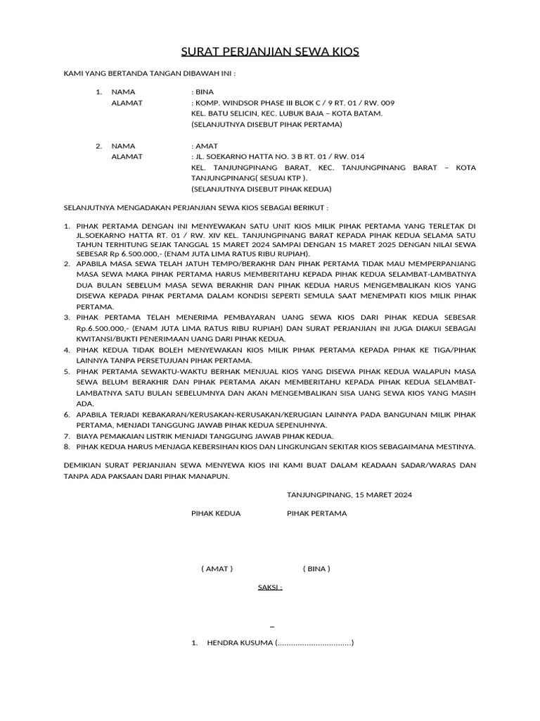 Surat Perjanjian Sewa Kios Rohani | PDF