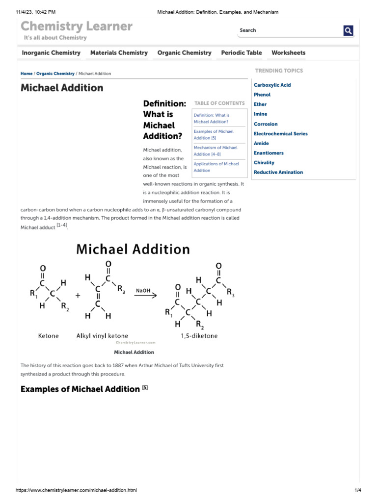 Michael Addition - Definition, Examples, and Mechanism | PDF