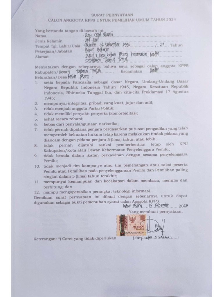 Surat Pernyataan KPPS Ray | PDF