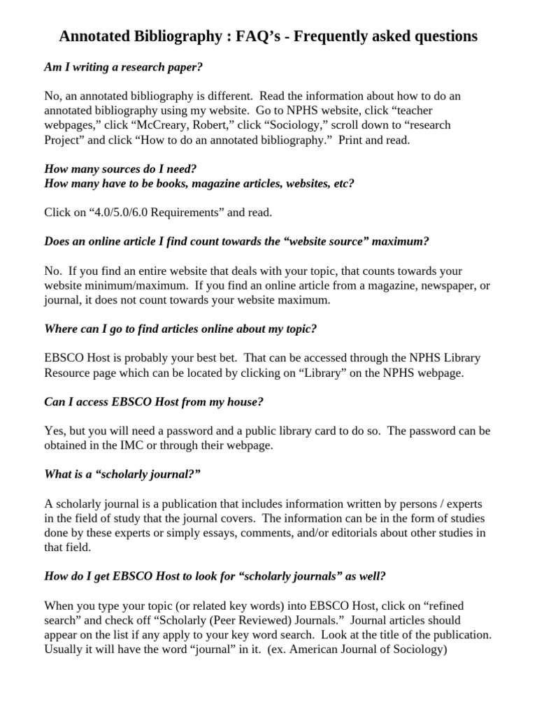 Annotated Bibliography: FAQ's - Frequently Asked Questions | PDF