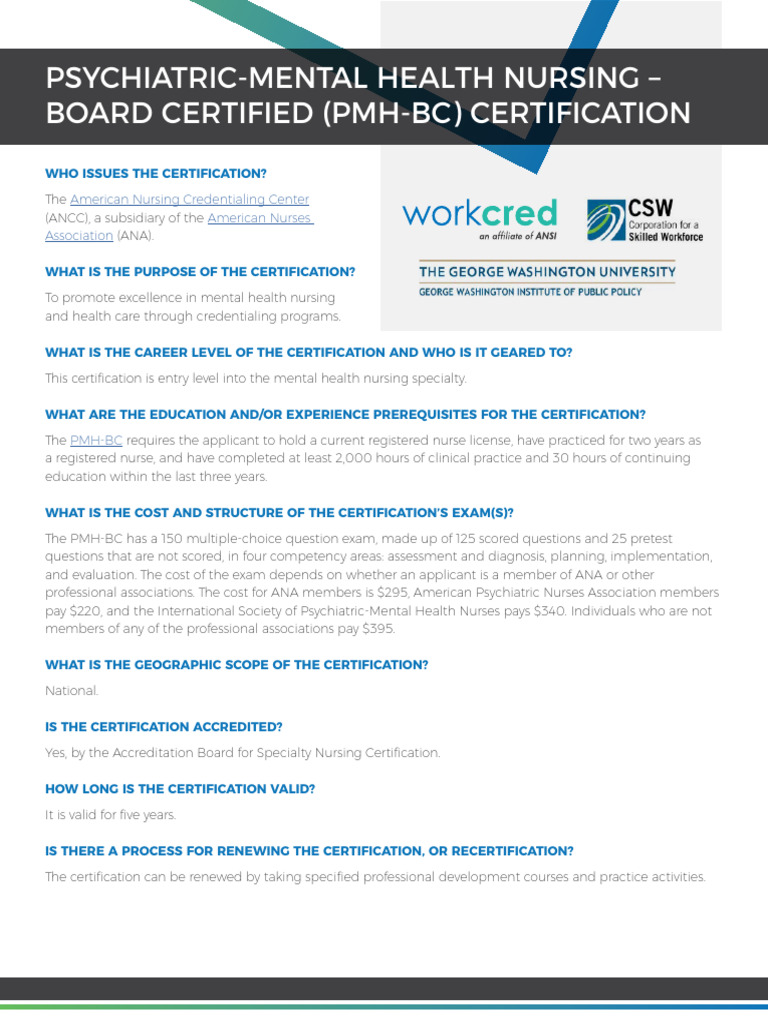 American Nursing Credentialing Center Psychiatric Mental Health Nursing Board Certified | PDF