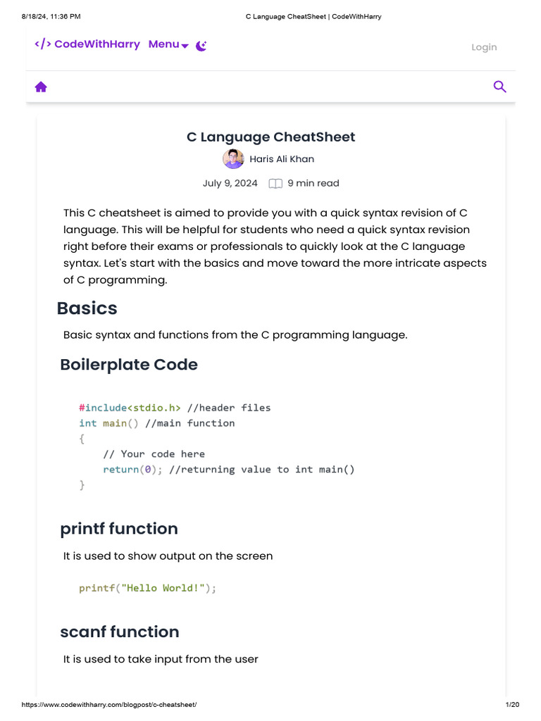 C Language CheatSheet - CodeWithHarry 22 | PDF