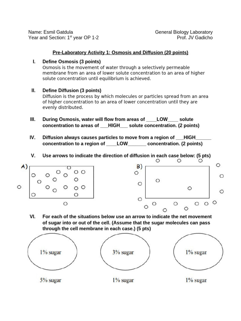 Pre Lab Activity - Osmosis and Diffusion GATDULA | PDF