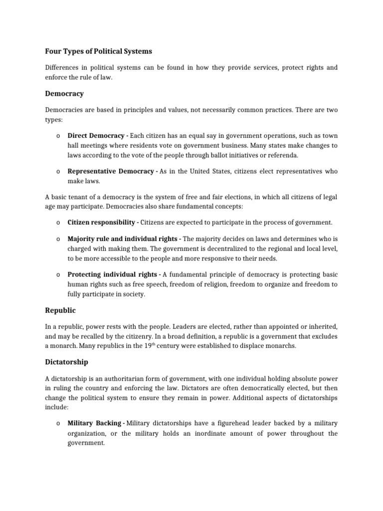Four Types of Political Systems | PDF