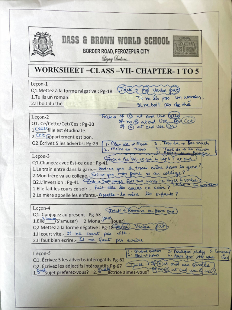 GRADE-VII - Ch-1 To 5 - FRENCH HALF YEARLY 2023-24 SYLLABUS WORKSHEET | PDF