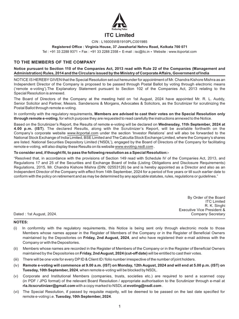 ITC Limited: To The Members of The Company | PDF