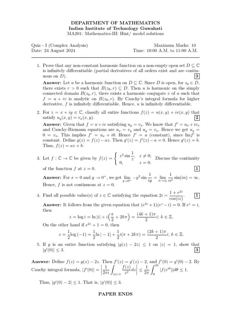 MA201 Quiz-I 2024 Solution | PDF