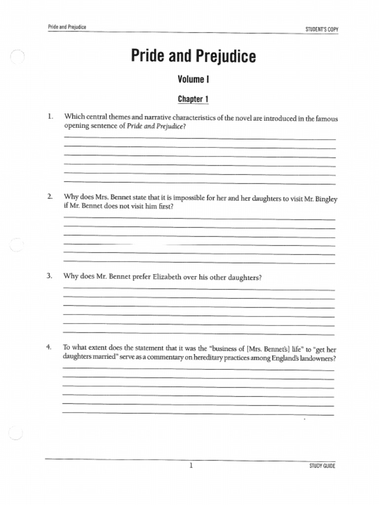 Pride and Prejudice Chapter Questions | PDF