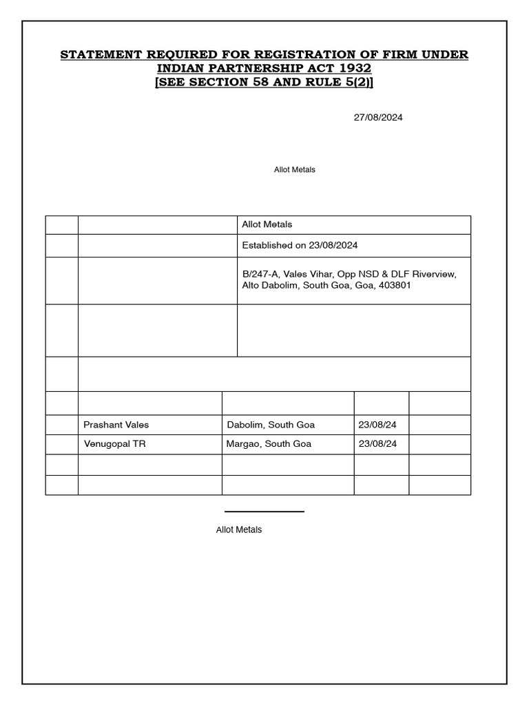 Filled Up Form II. STATEMENT REQUIRED FOR REGISTRATION OF FIRM | PDF