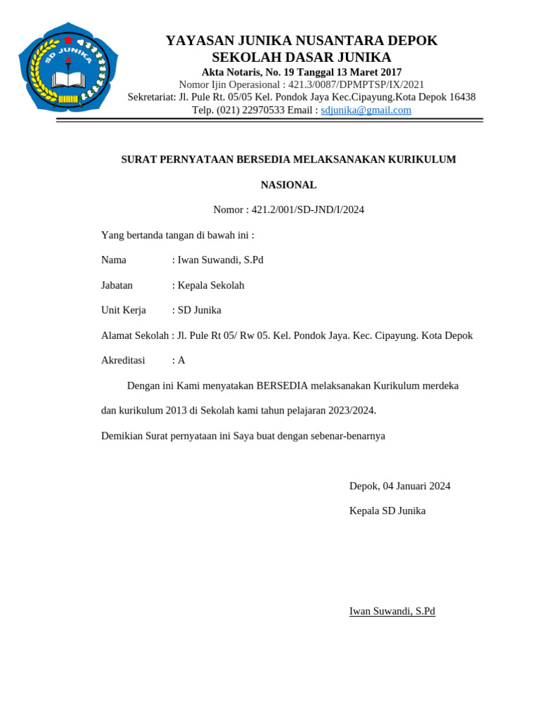 Surat Pernyataan Kesanggupan Melaksanakan Kurikulum | PDF