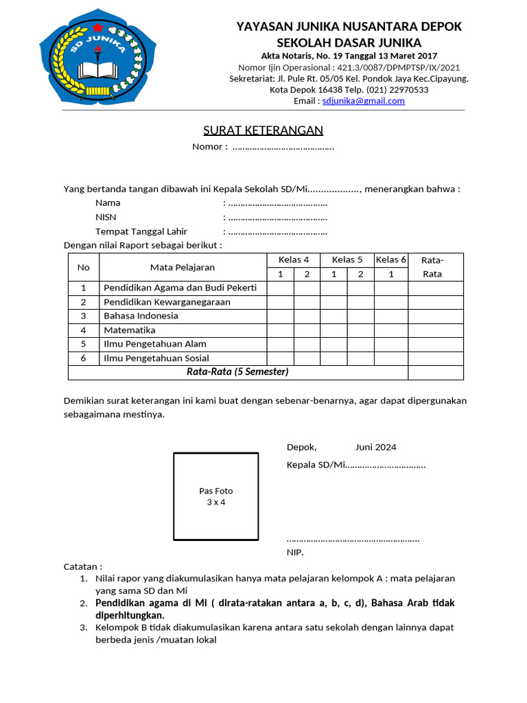 Surat Keterangan Nilai Raport | PDF