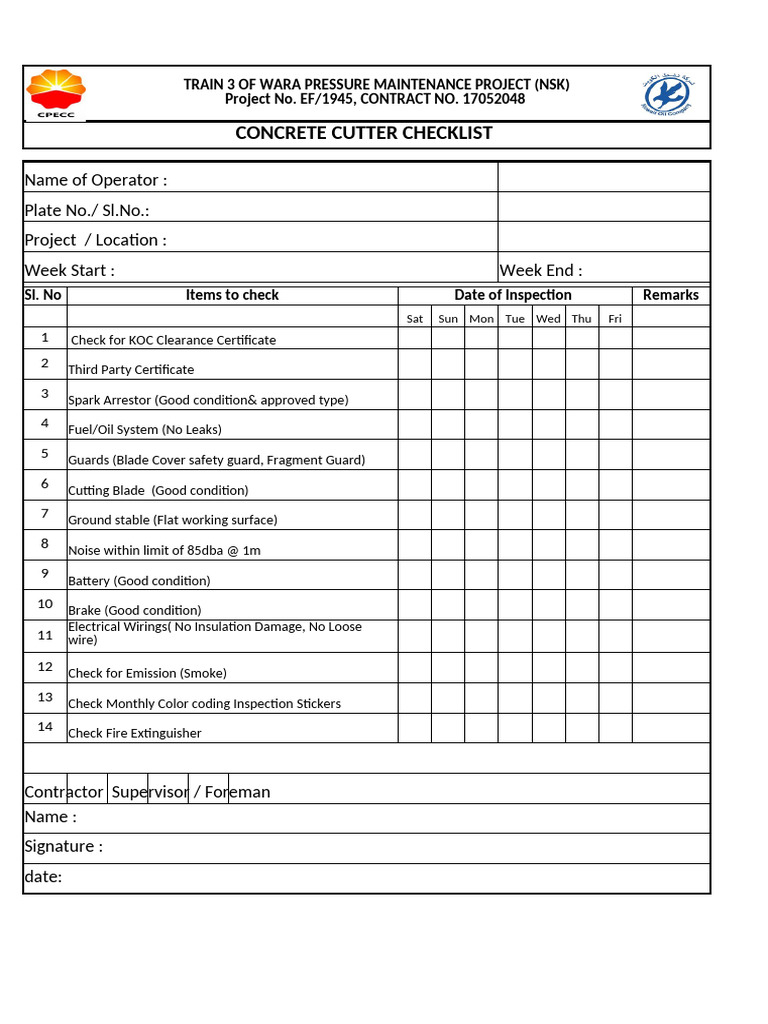 Concrete Cutter Checklist | PDF
