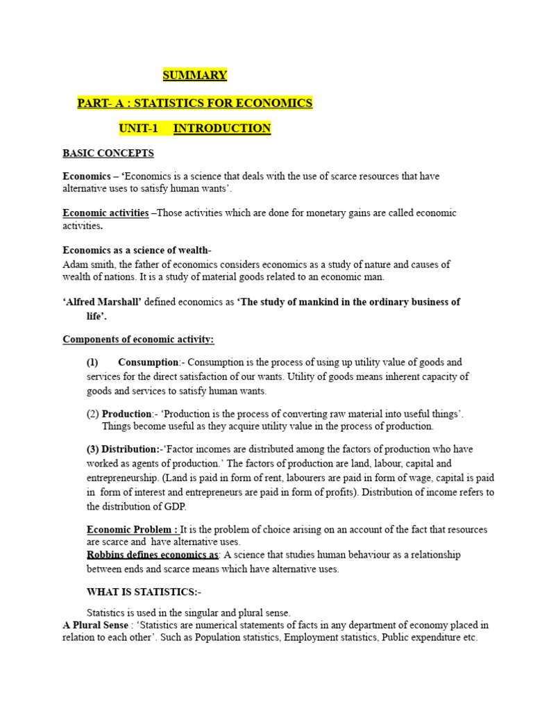 Summary Class Xi Statistics For Economics | PDF | Statistics | Economics
