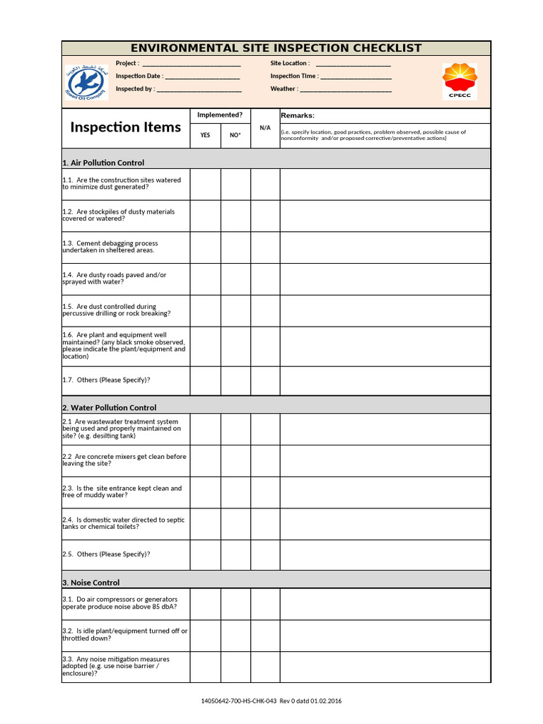ENVIRONMENTAL SITE INSPECTION CHECKLIST | PDF
