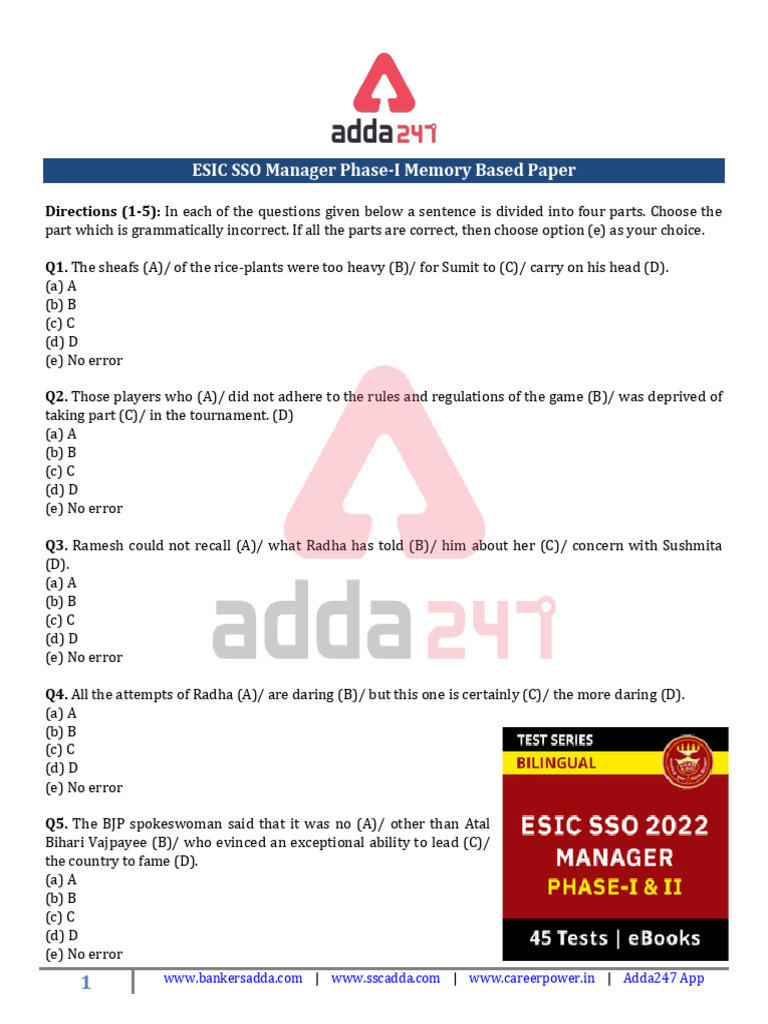 Formatted ESIC SSO Manager Phase I Memory Based Paper 1 | PDF