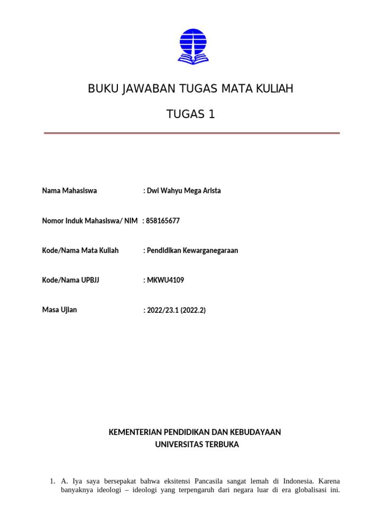 BJT - Umum - tmk1 - MKWU4109 - Pendidikan Kewarganegaraan | PDF