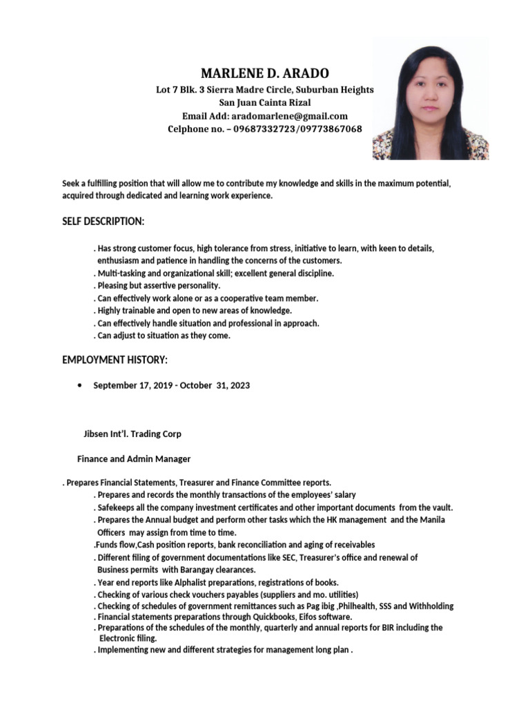 Marlene Arado Accounting Supervisor Resume | PDF