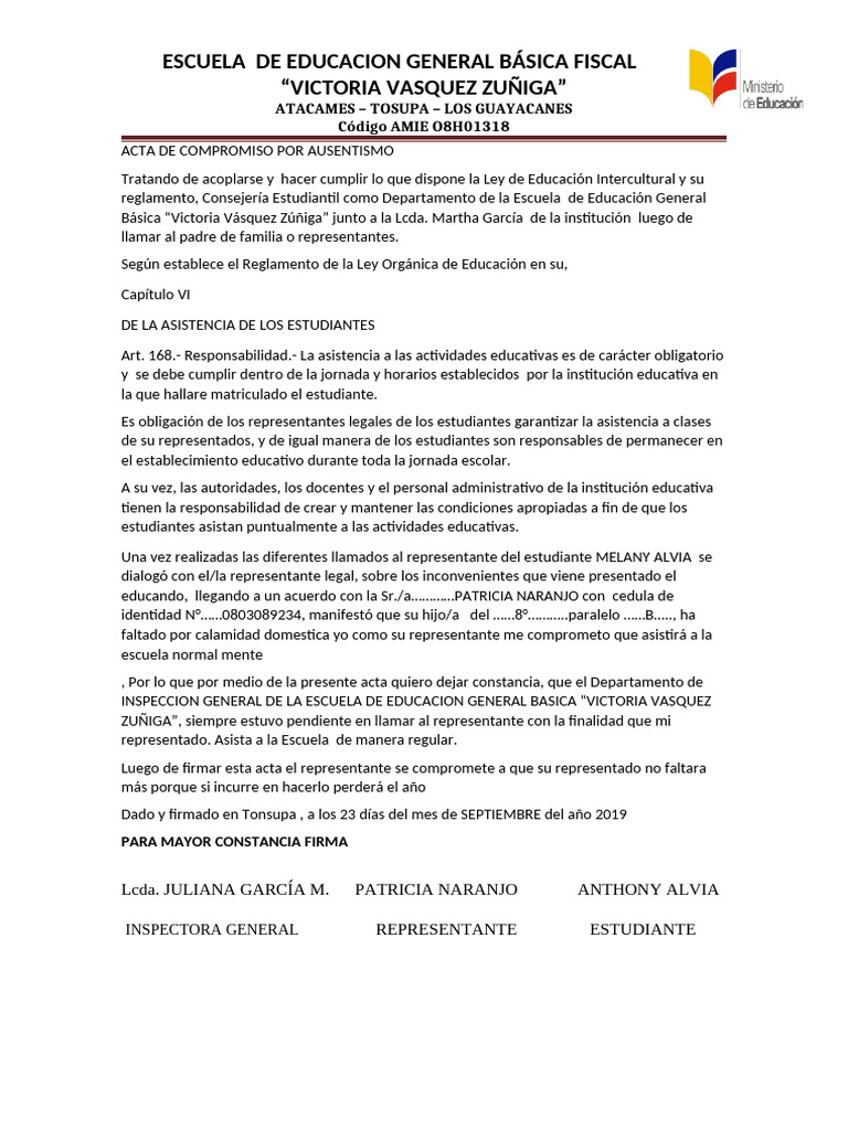 Acta de Compromiso Por Ausentismo | PDF