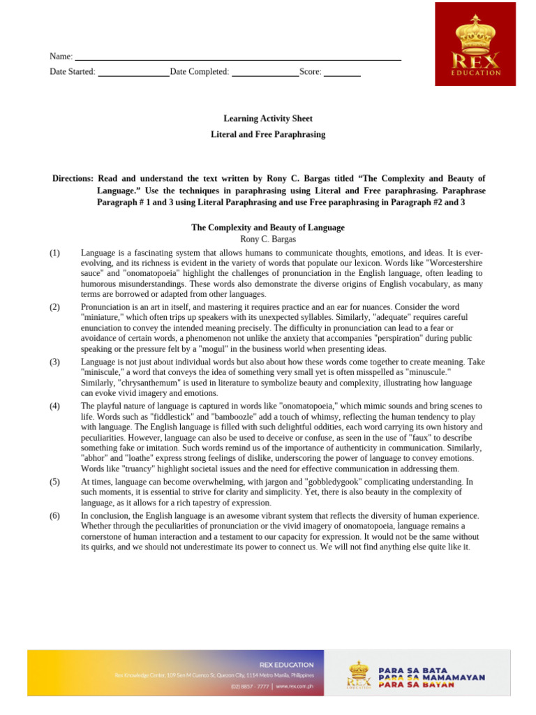 Learning Activity Sheet Paraphrasing 2 | PDF
